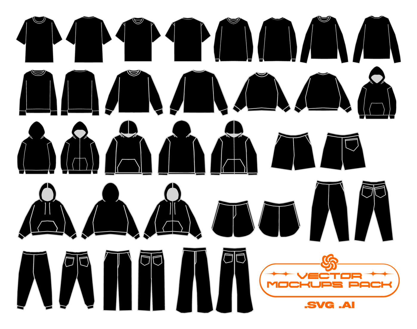 Streetwear Clothing Vector Mockups Pack (8 Colors)